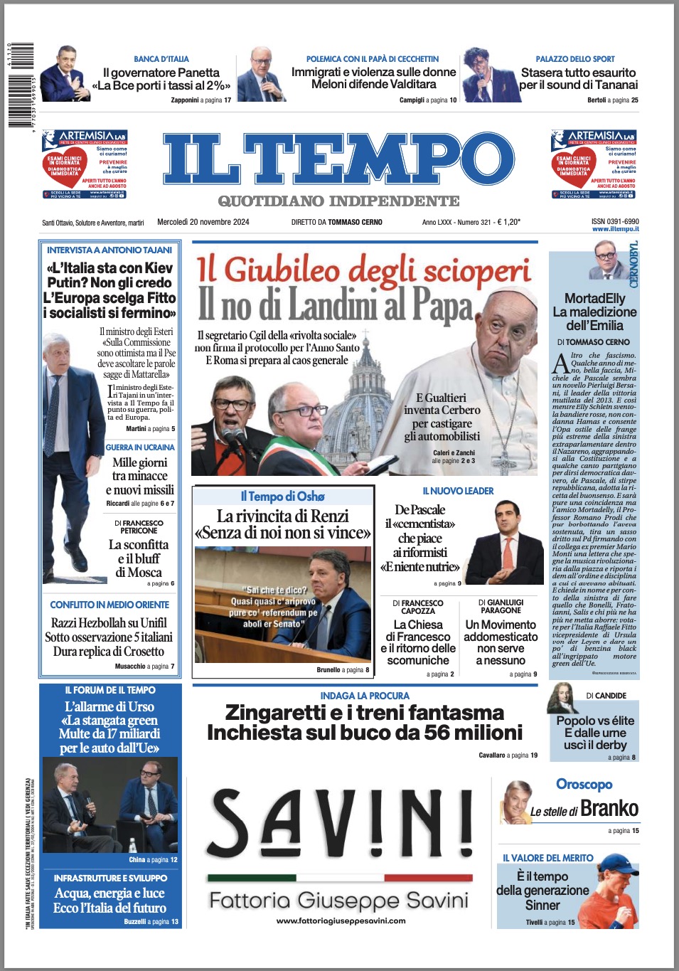 “IL TEMPO” - EDICOLA OGGI - 20/11 - PRIMA PAGINA (PDF): «IL GIUBILEO DEGLI SCIOPERI, IL NO DI ...