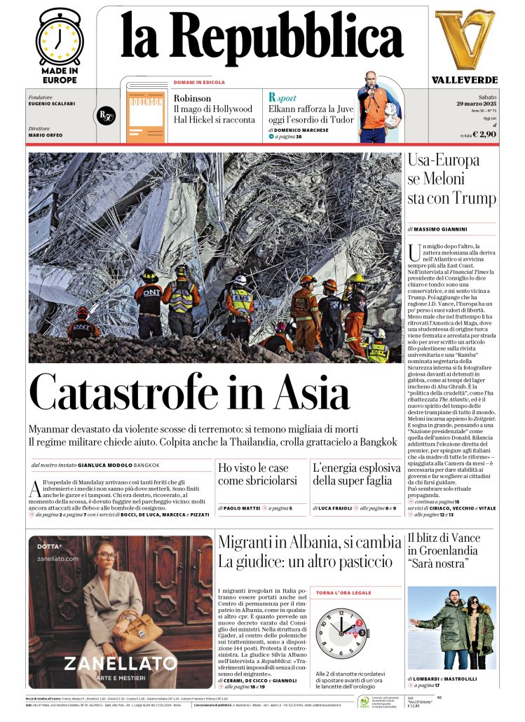 "LA REPUBBLICA" * 29/03/2025 - «PRIMA PAGINA GIORNALE PDF / EDICOLA ...