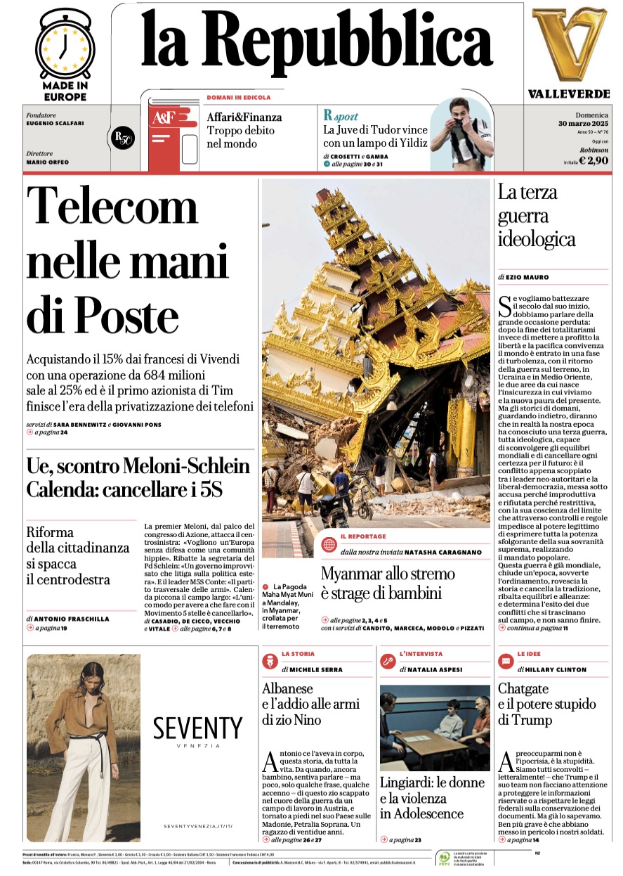 “LA REPUBBLICA” * 30/03/2025 - «PRIMA PAGINA GIORNALE PDF / EDICOLA ...