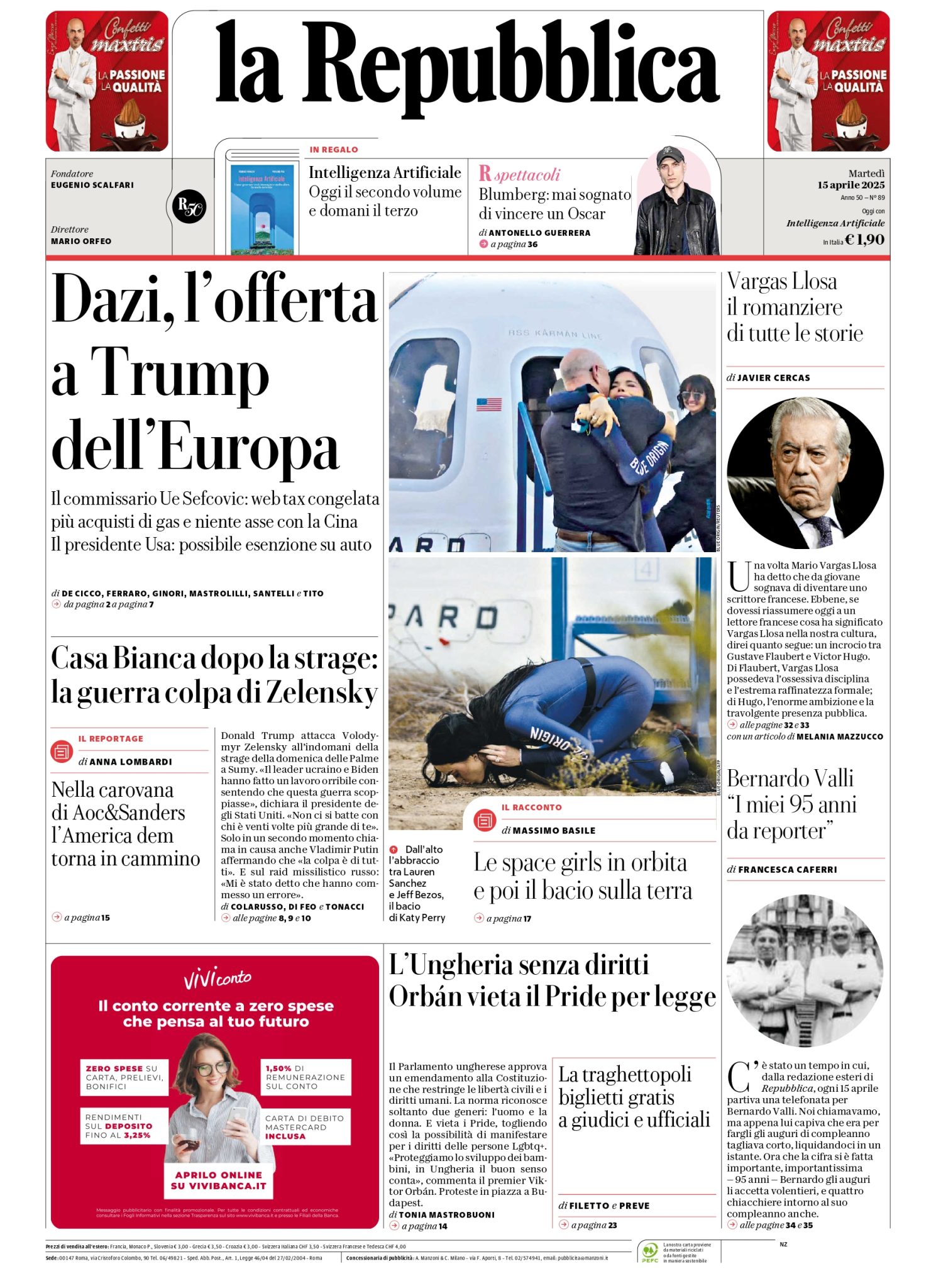 "LA REPUBBLICA" * 15/04/2025 - «PRIMA PAGINA GIORNALE (SCARICA GRATIS ...