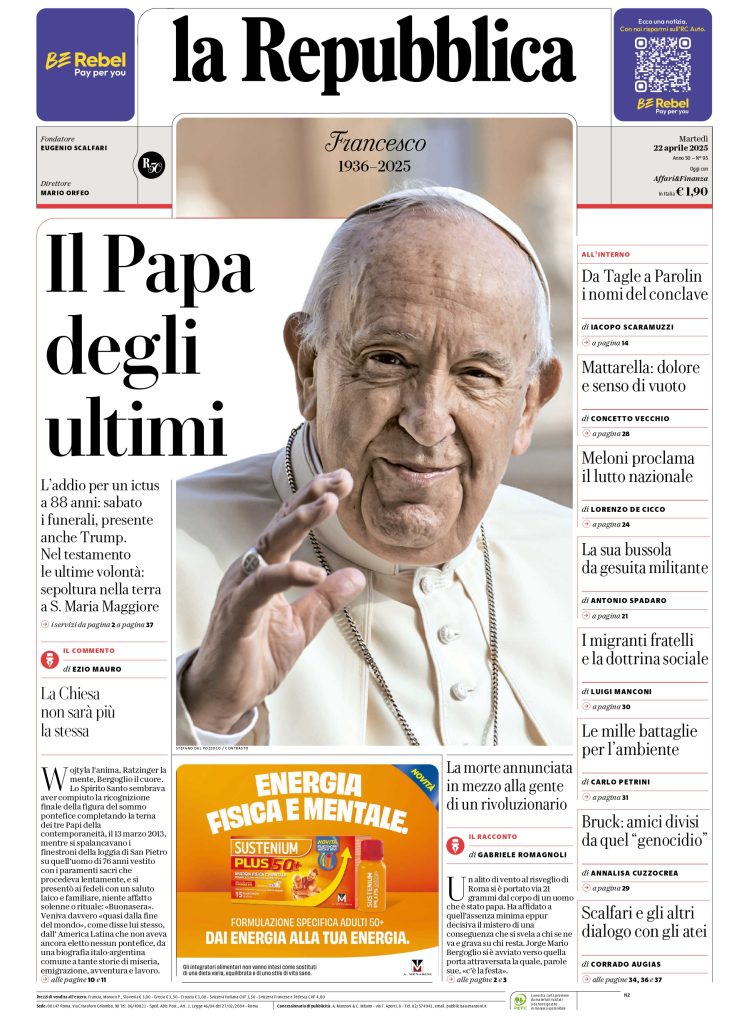 "LA REPUBBLICA" * 22/04/2025 - «PRIMA PAGINA GIORNALE (SCARICA GRATIS ...