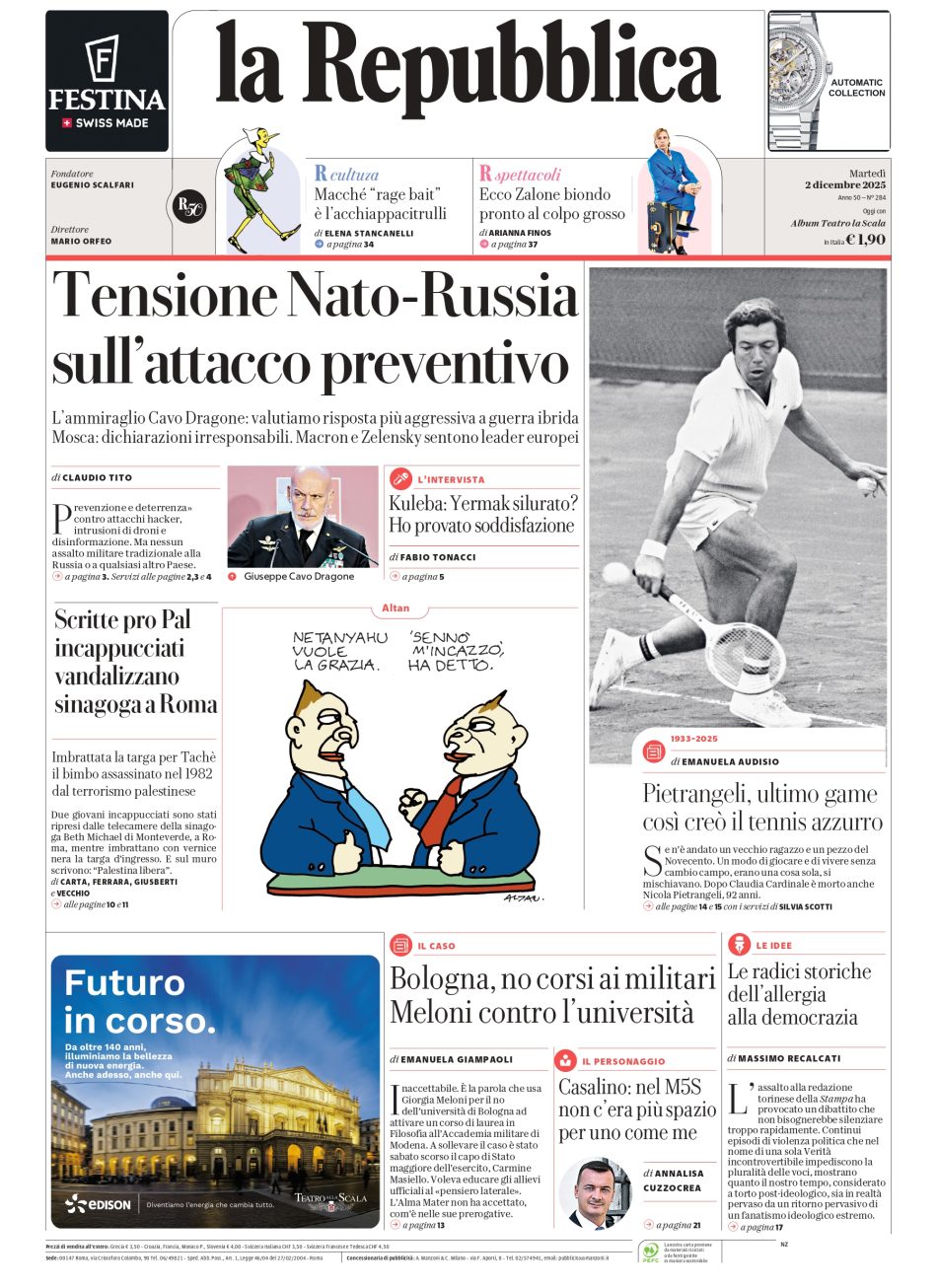 "LA REPUBBLICA" * 02/12/2025 - «PRIMA PAGINA GIORNALE (SCARICA GRATIS ...