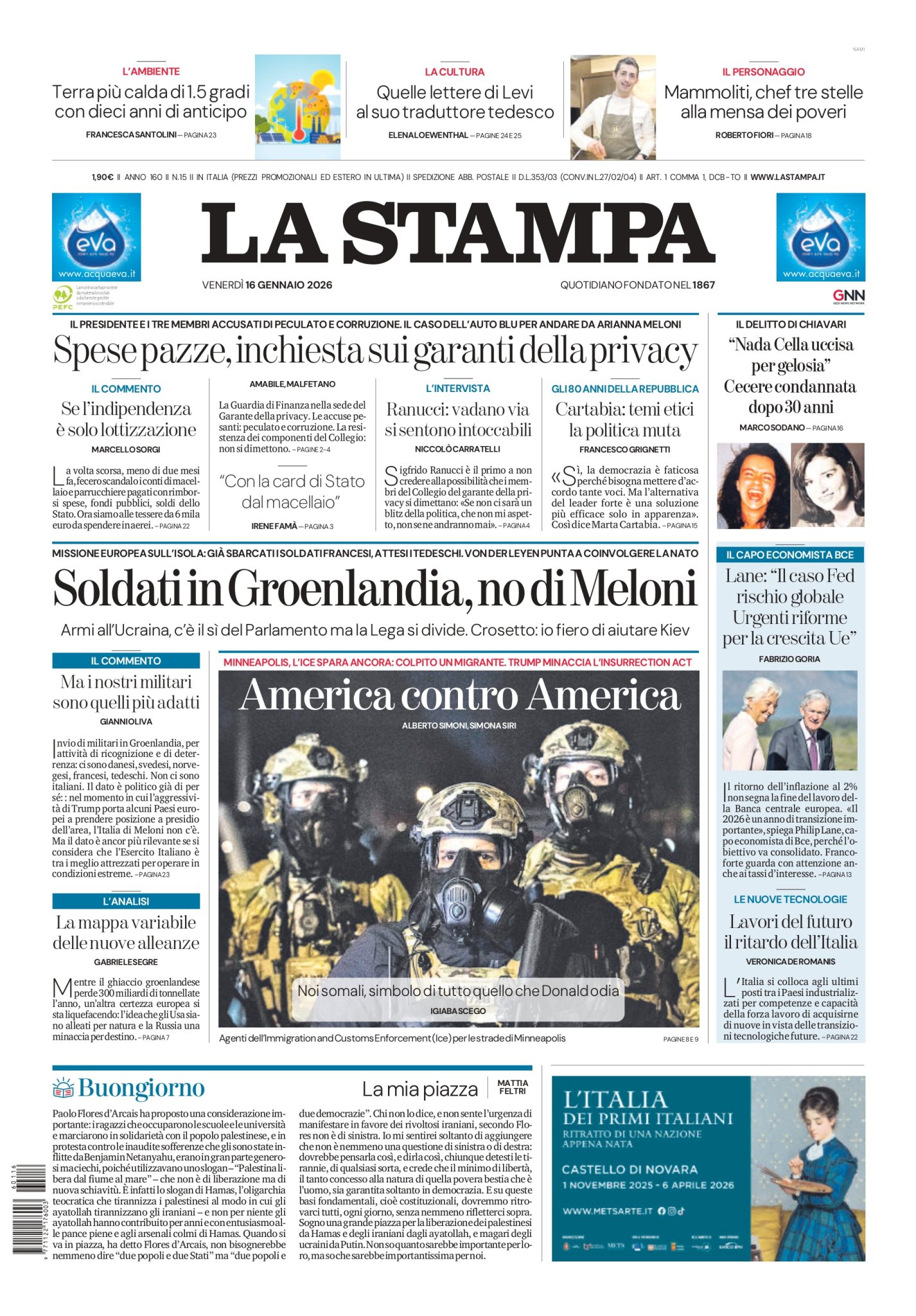 "LA STAMPA" * 16/01/2026 - «PRIMA PAGINA GIORNALE (SCARICA GRATIS PDF ...