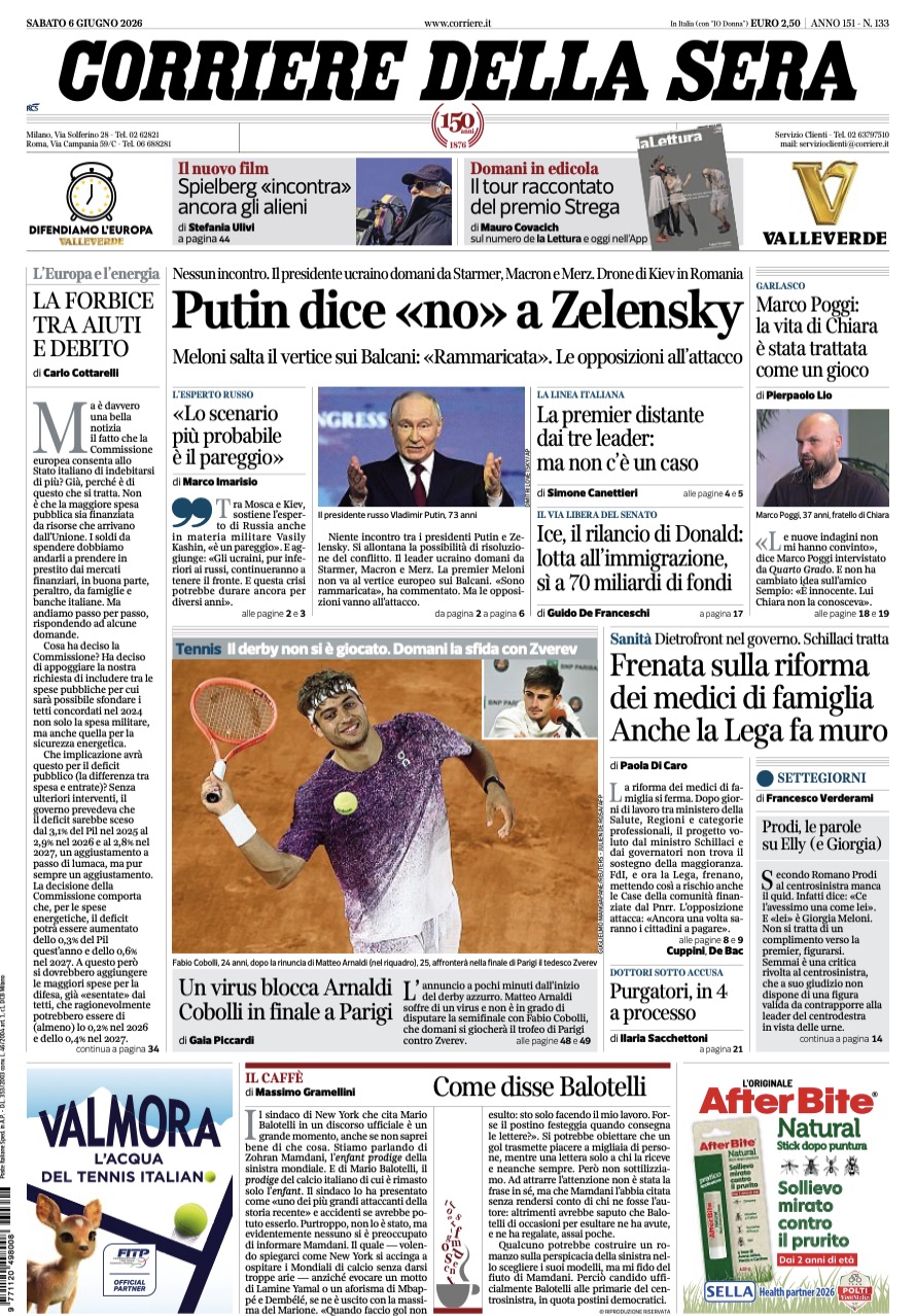 “CORRIERE DELLA SERA” * 06/06/2026 «PRIMA PAGINA (SCARICA GRATIS PDF ...