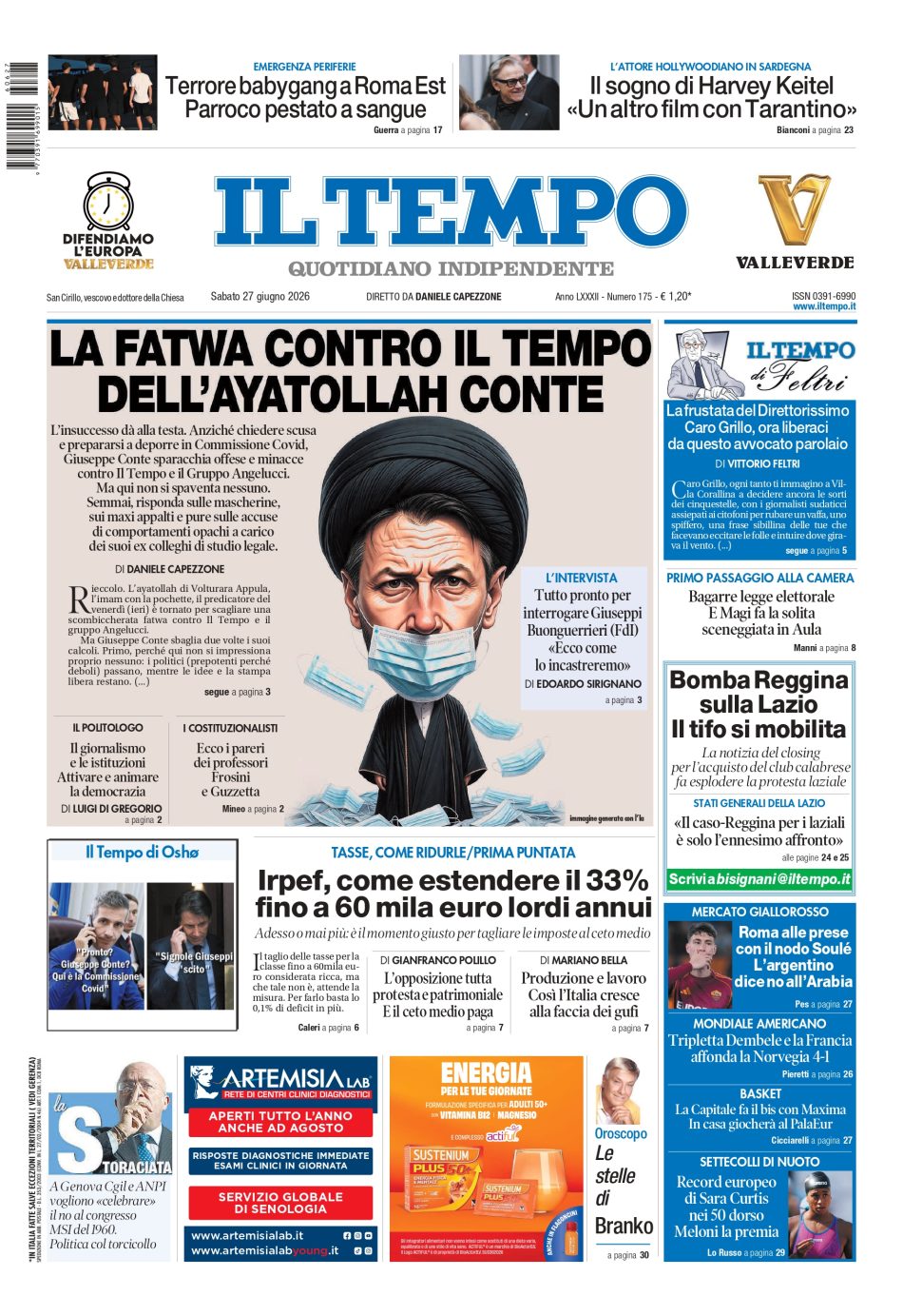 "IL TEMPO" * 27/06/2026 «PRIMA PAGINA (SCARICA GRATIS PDF) / EDICOLA ...