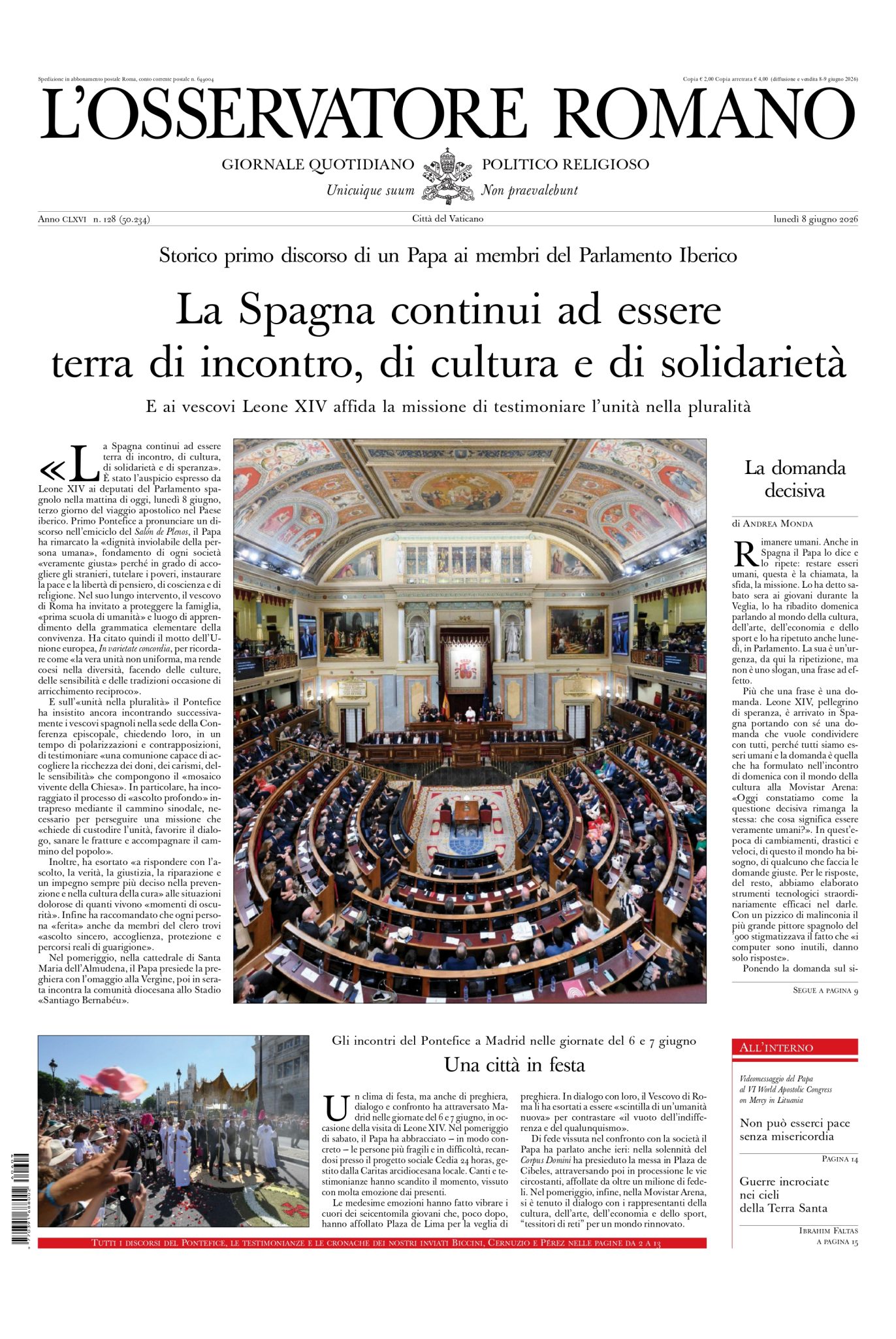 "L'OSSERVATORE ROMANO" * 08/06/2026 - «PRIMA PAGINA (SCARICA GRATIS PDF ...
