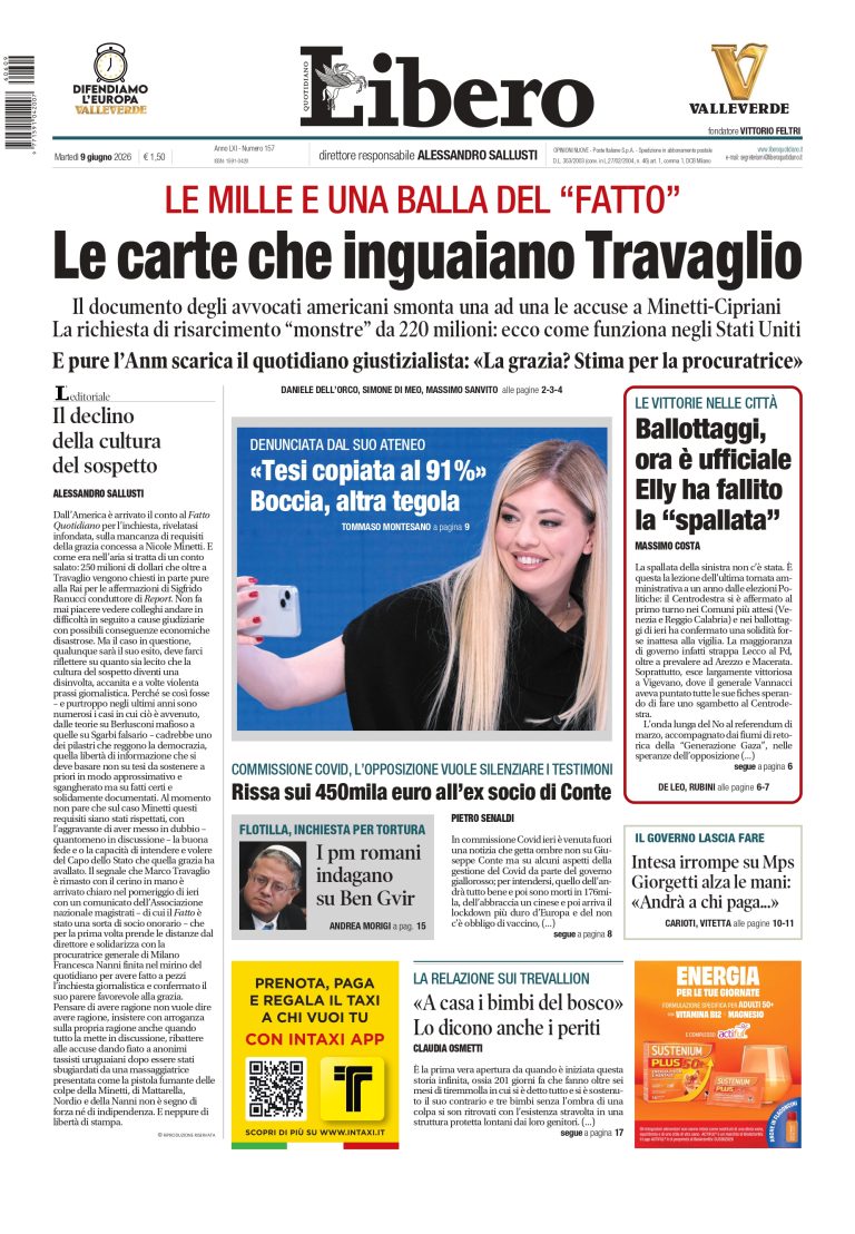 "LIBERO" * 09/06/2026 - «PRIMA PAGINA GIORNALE (SCARICA GRATIS PDF ...