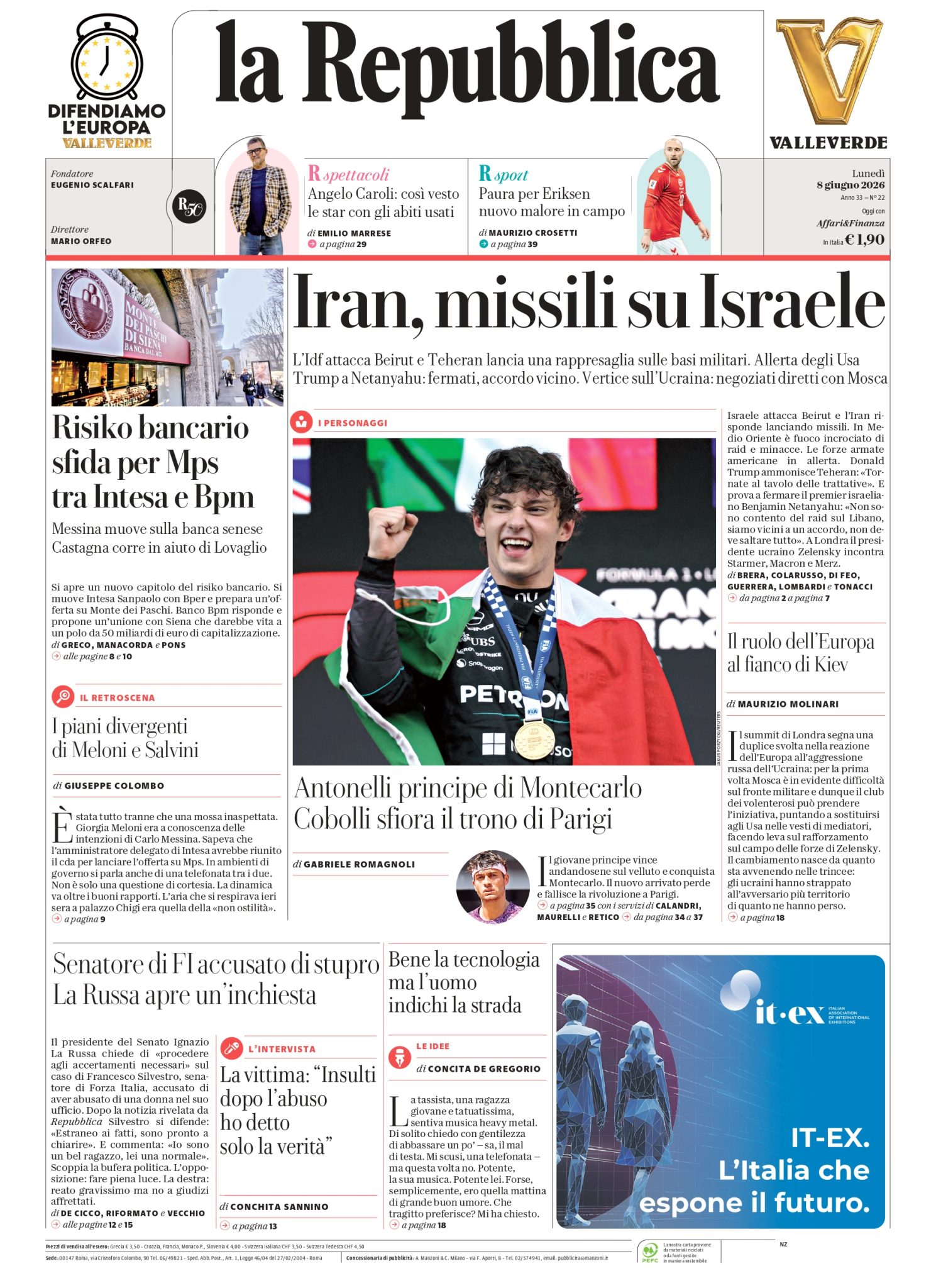 "LA REPUBBLICA" * 08/06/2026 - «PRIMA PAGINA GIORNALE (SCARICA GRATIS ...