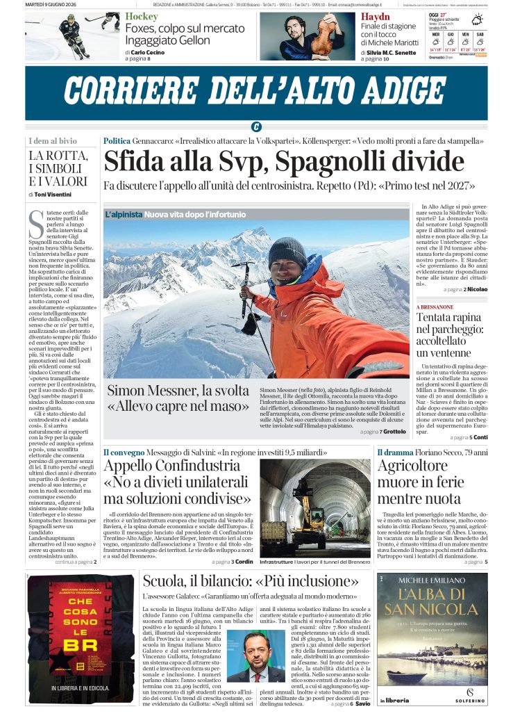 "CORRIERE DELL'ALTO ADIGE" * 09/06/2026 «PRIMA PAGINA (SCARICA GRATIS ...