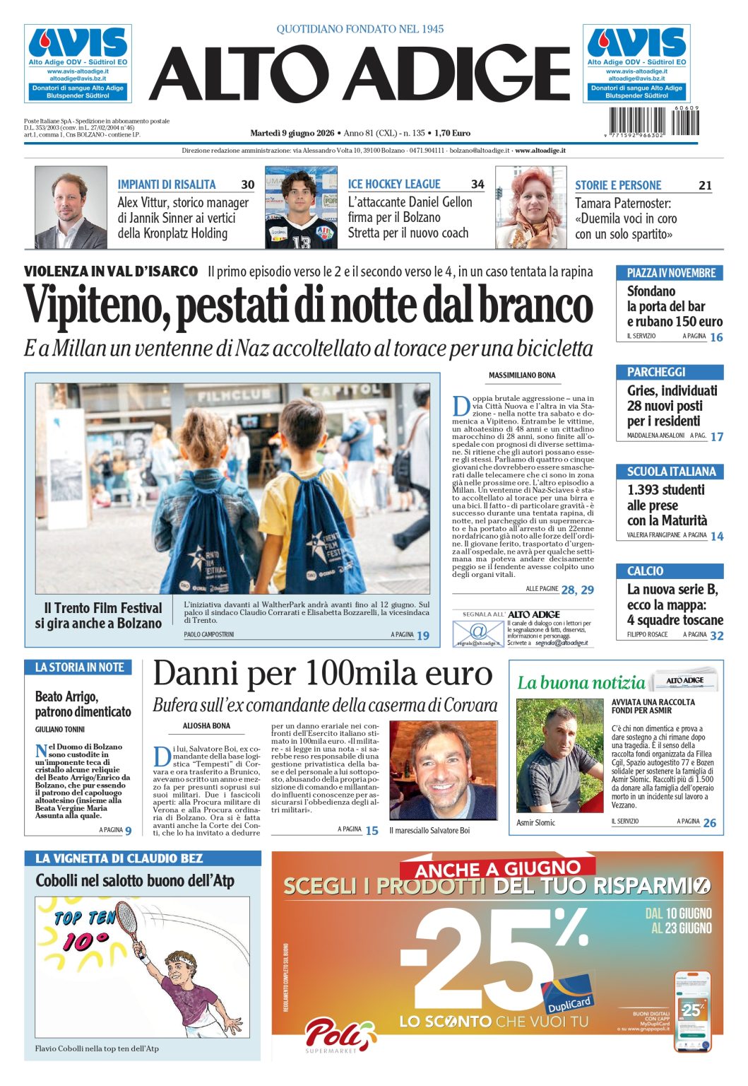 "ALTO ADIGE" * 09/06/2026 «PRIMA PAGINA (SCARICA GRATIS PDF) / EDICOLA ...