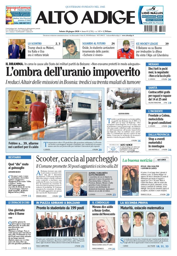 "ALTO ADIGE" * 20/06/2026 «PRIMA PAGINA (SCARICA GRATIS PDF) / EDICOLA ...