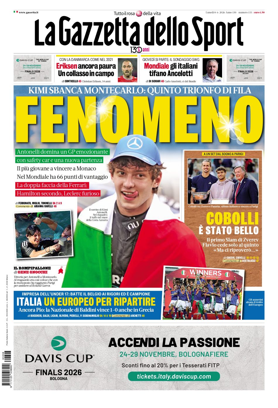 “LA GAZZETTA DELLO SPORT” * 08/06/2026 «PRIMA PAGINA (SCARICA GRATIS ...
