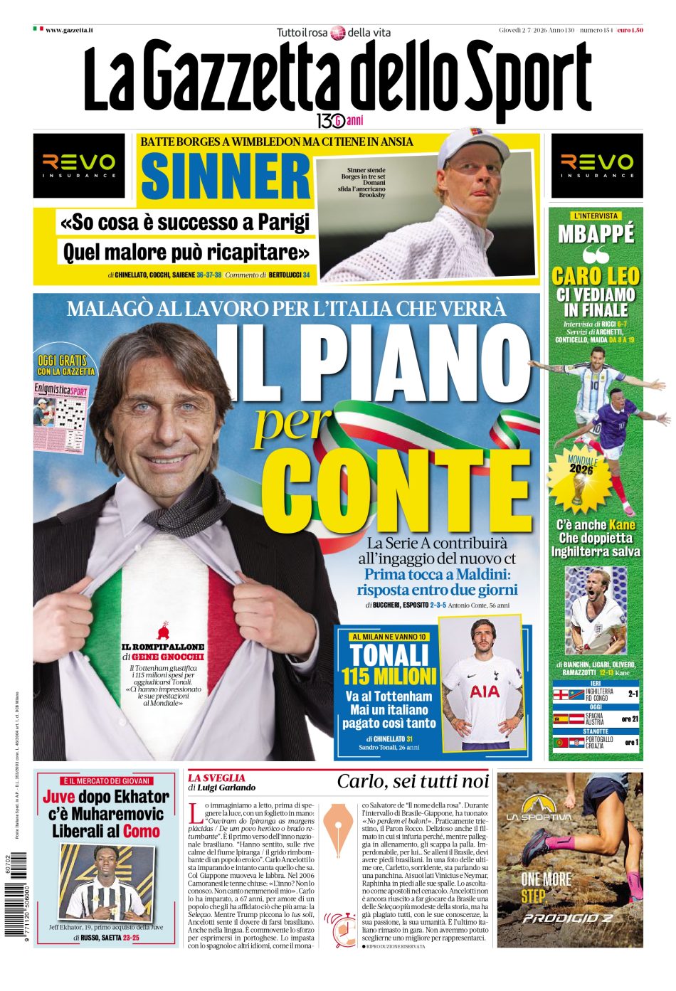 “LA GAZZETTA DELLO SPORT” * 02/07/2026 «PRIMA PAGINA (SCARICA GRATIS ...